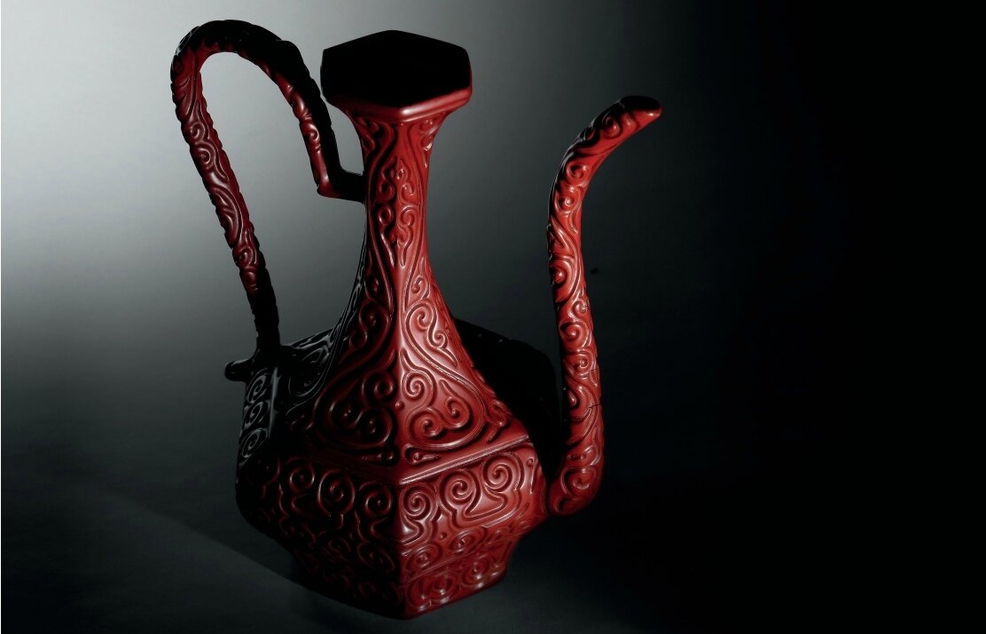 A highly important cinnabar tixi lacquer hexagonal ewer, Jiajing ...