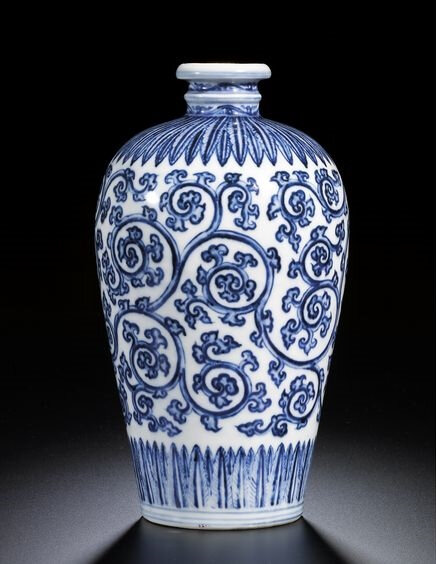 A fine and extremely rare blue and white 'foliate scroll' meiping, Ming ...