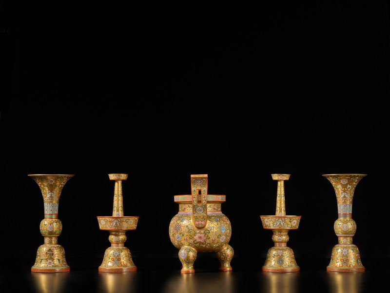 An exceptionally rare gold-ground famille-rose five-piece altar set (wugong), Seal marks and ...