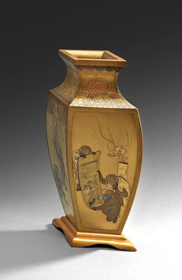 A Japanese gold lacquer vase with monkeys, flowers and birds, Circa ...
