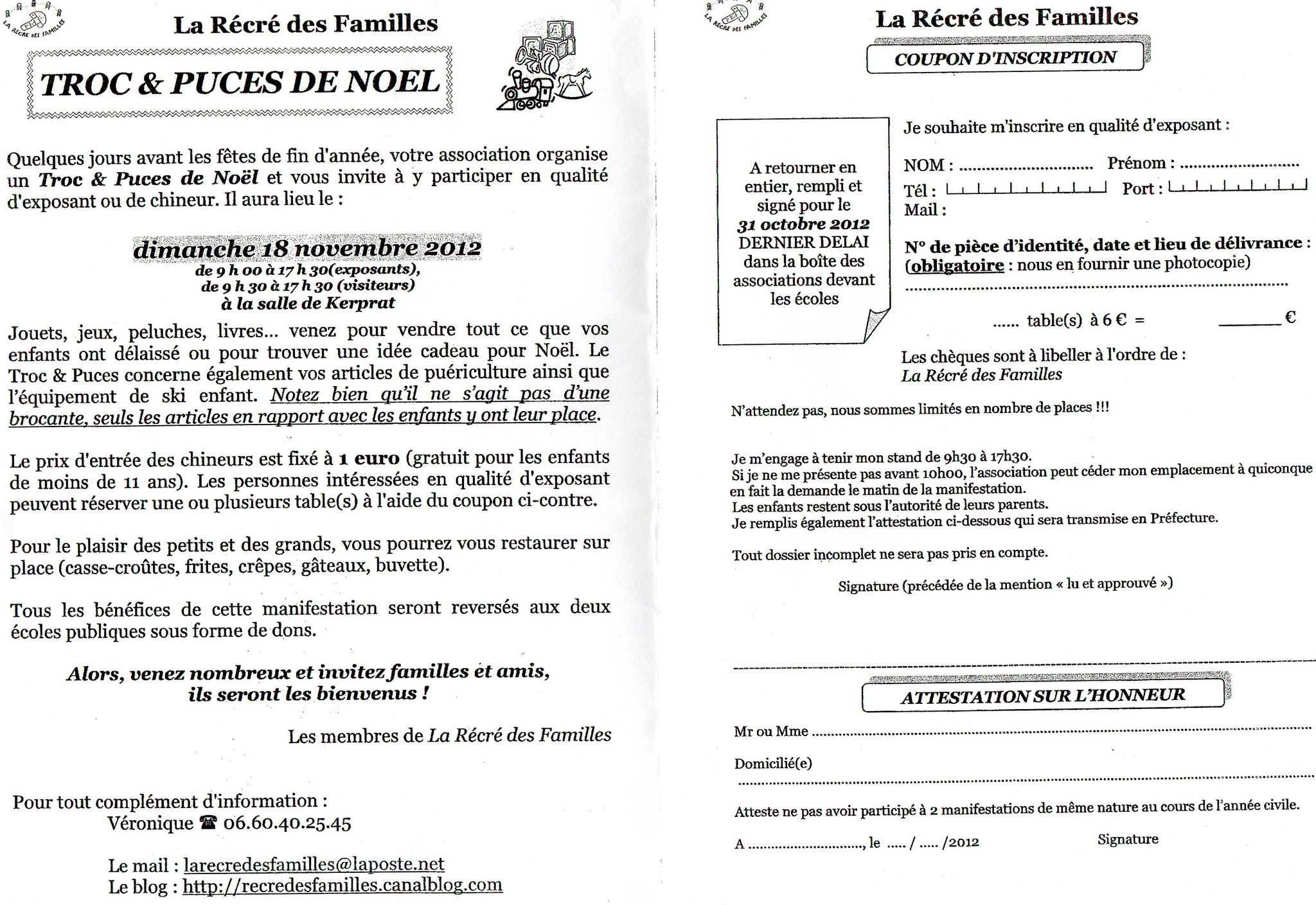 Inscription TROC ET PUCES 2012 - la Récré des Familles