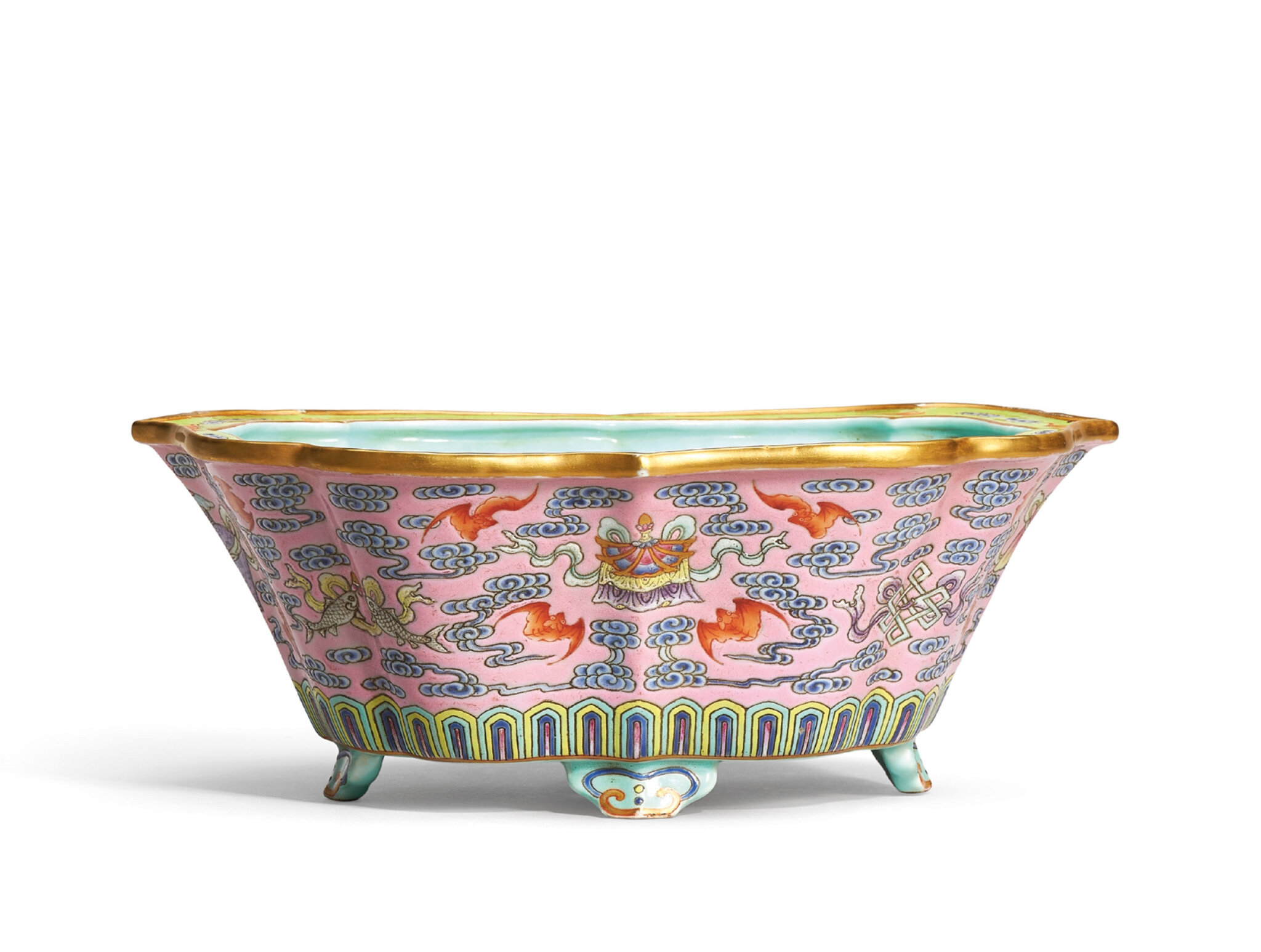 A pink-ground famille-rose bracket-lobed 'Buddhist emblems' jardinière ...