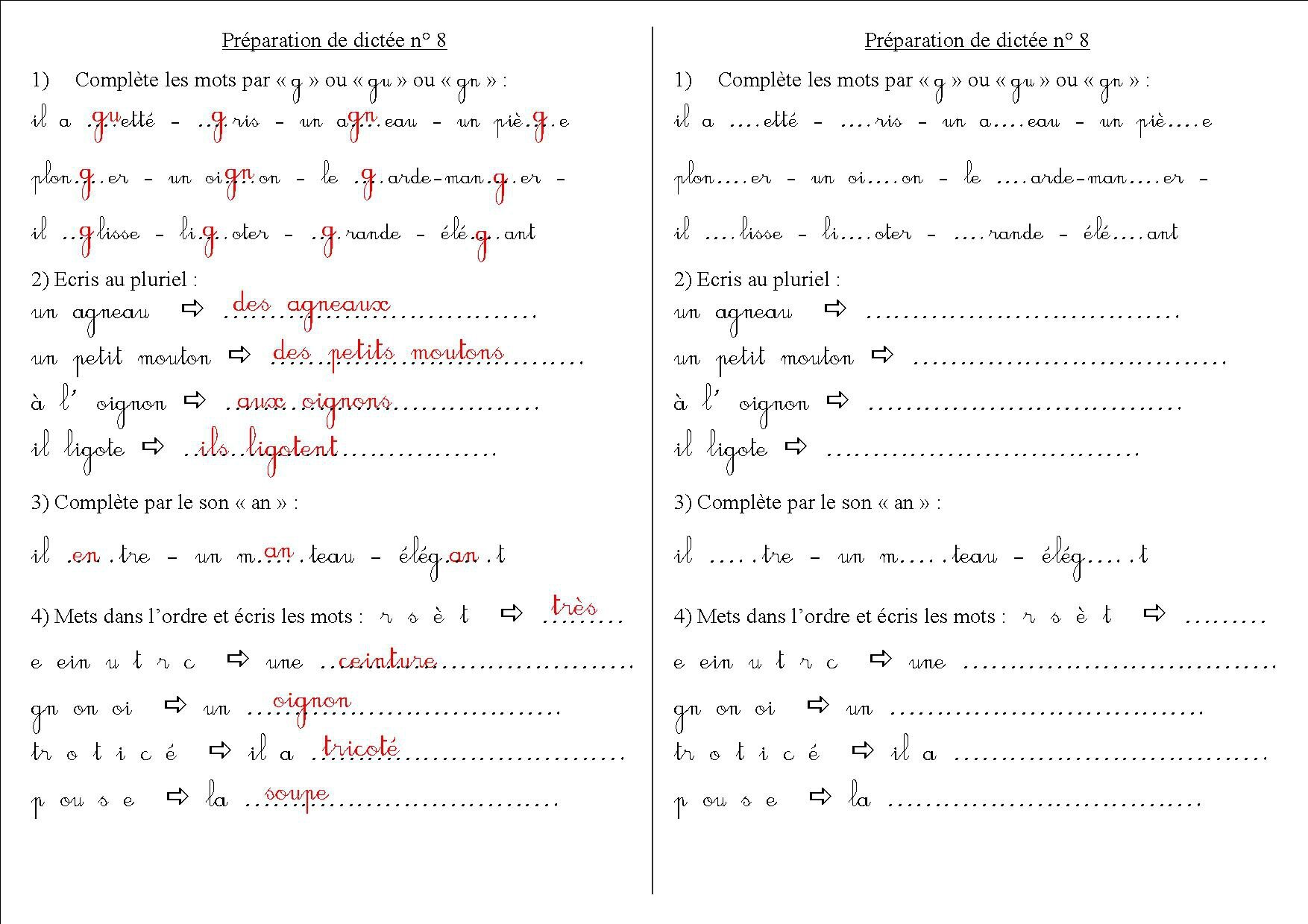 Préparation de dictée n° 8 CE2 - La classe des CE de Villebois