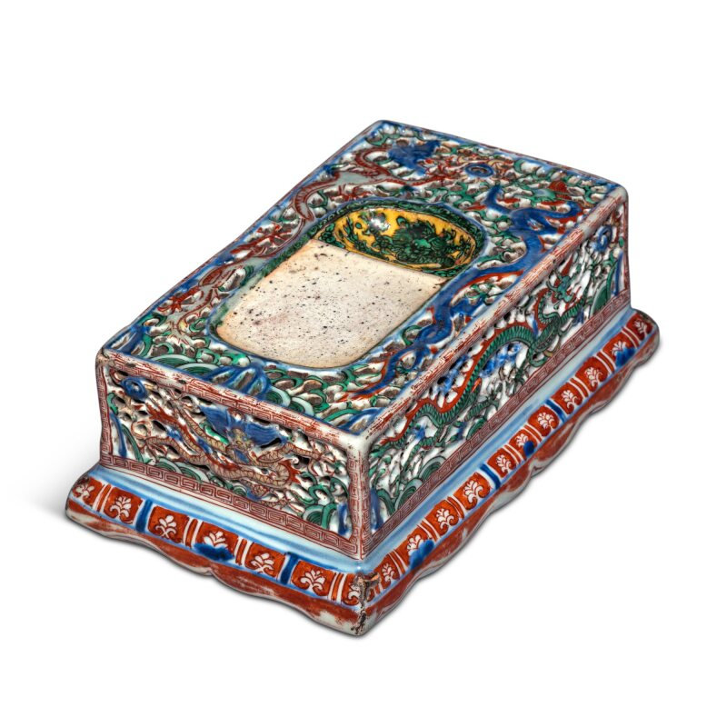 A rare wucai 'dragon' rectangular inkstone, Mark and period of Wanli ...