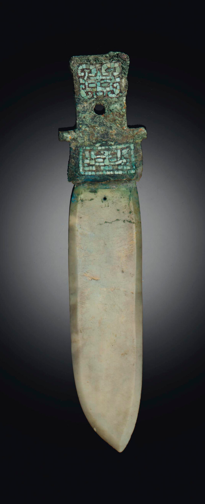 A rare turquoise-inlaid bronze and jade ge halberd blade, Late Shang ...