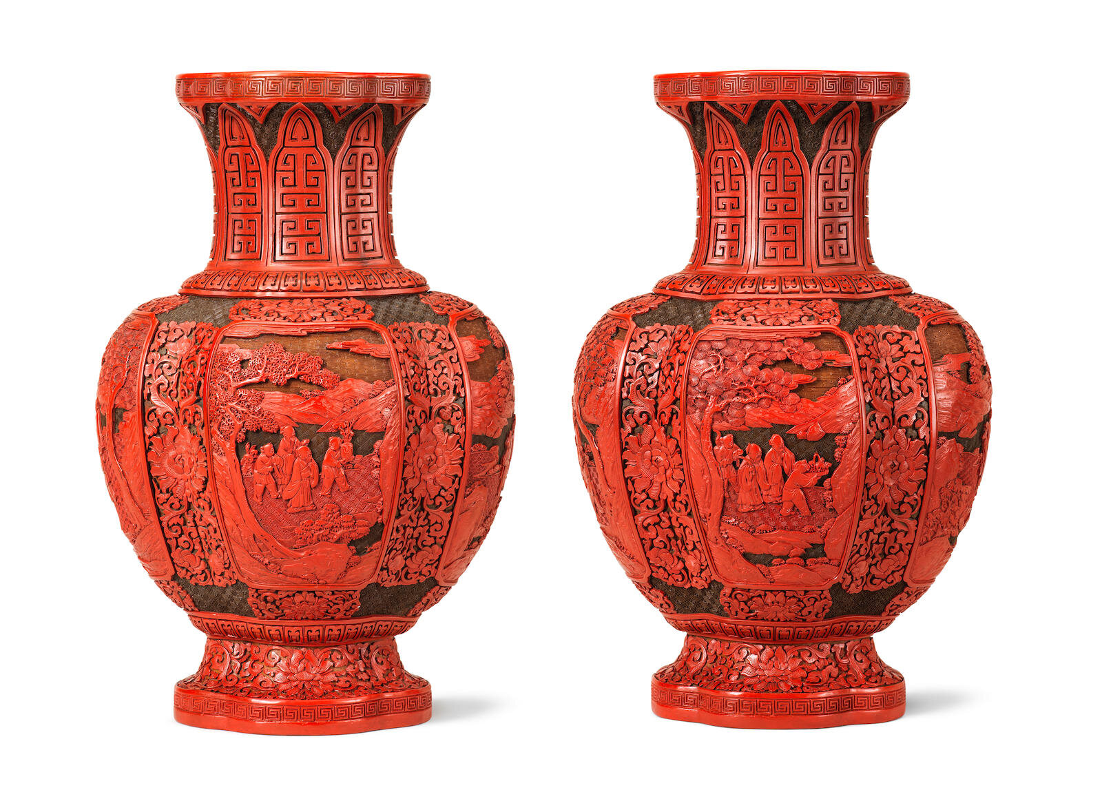 A very rare pair of Imperial carved three-colour lacquer vases ...