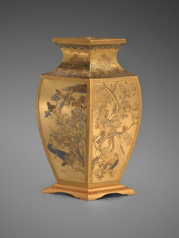 A Japanese gold lacquer vase with monkeys, flowers and birds, Circa ...