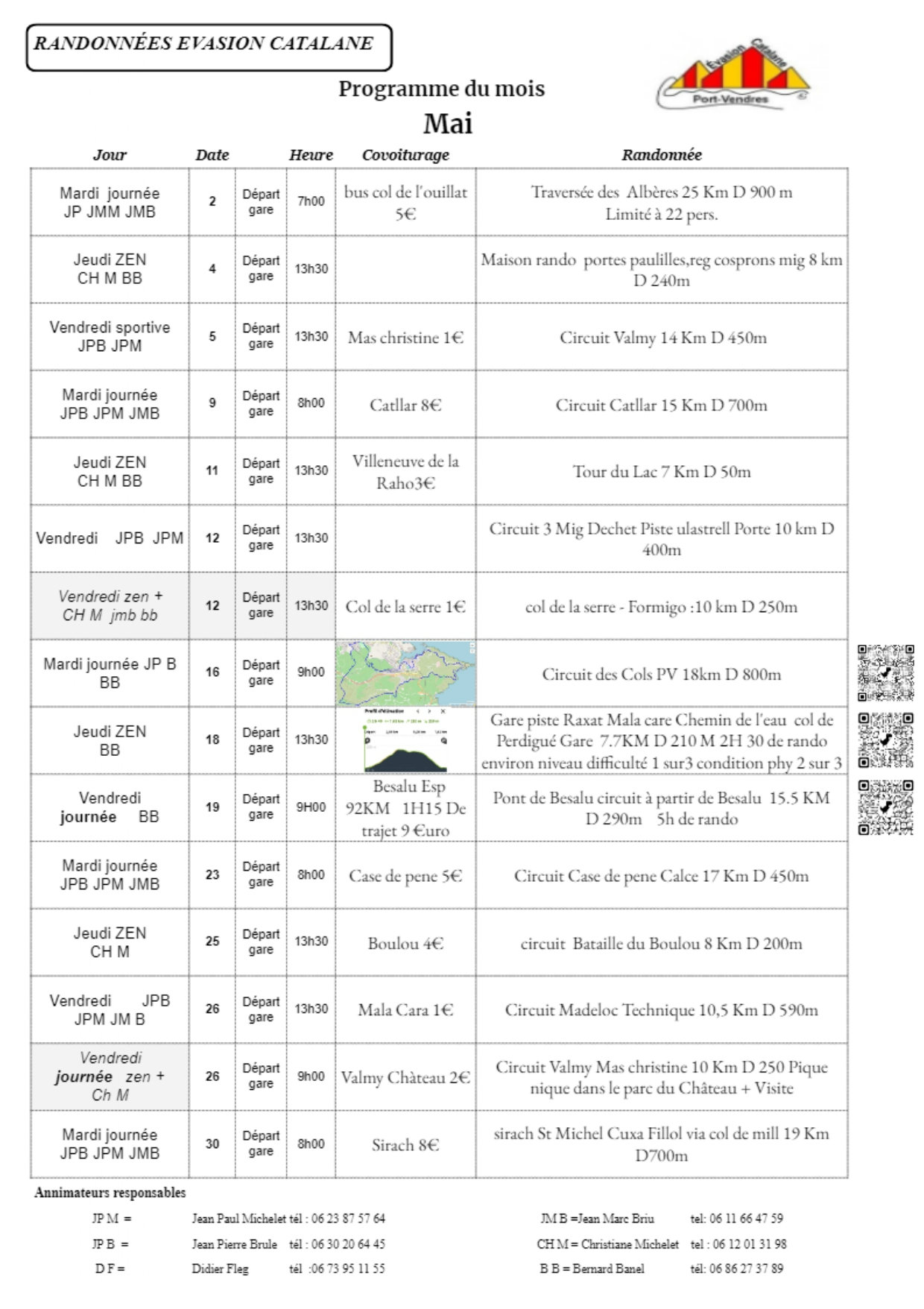 Programme de Mai - Les randonnées pédestres d' EVASION CATALANE