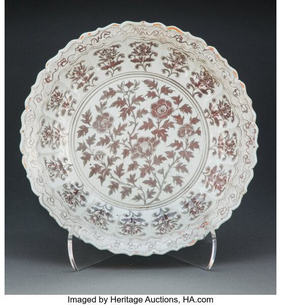 A Rare and Large Chinese Underglaze Copper Red Peony Dish, Ming Dynasty ...