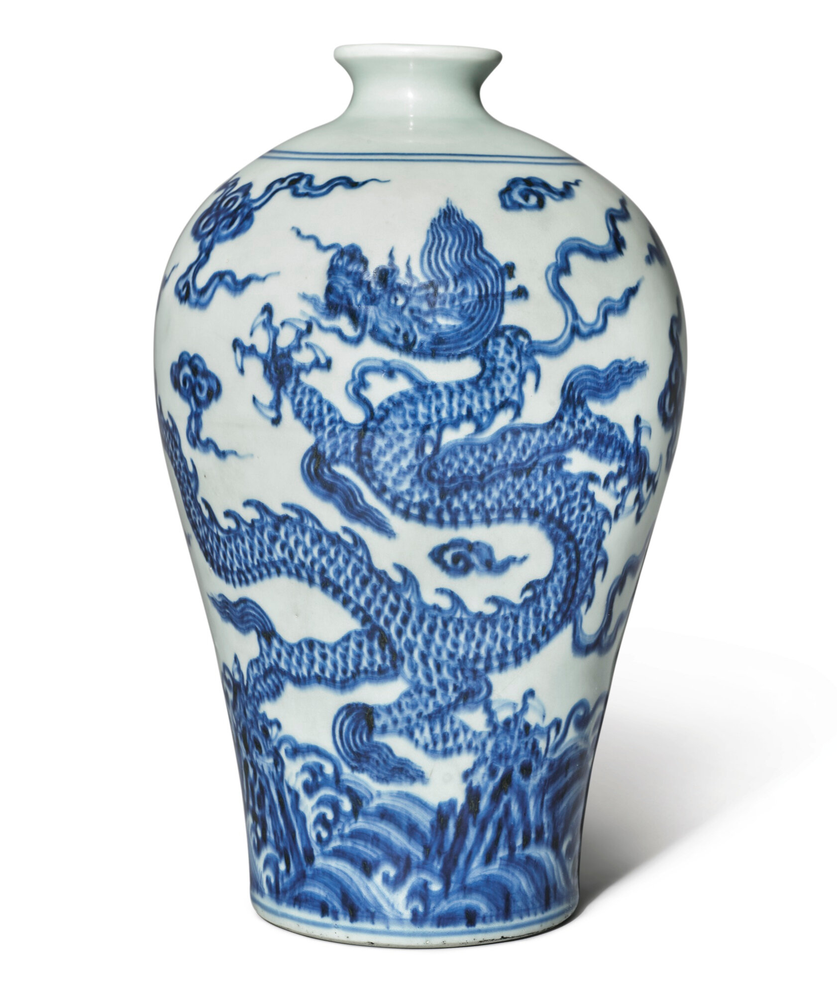 A blue and white Ming-style 'Dragon' meiping, Qing dynasty, Yongzheng ...