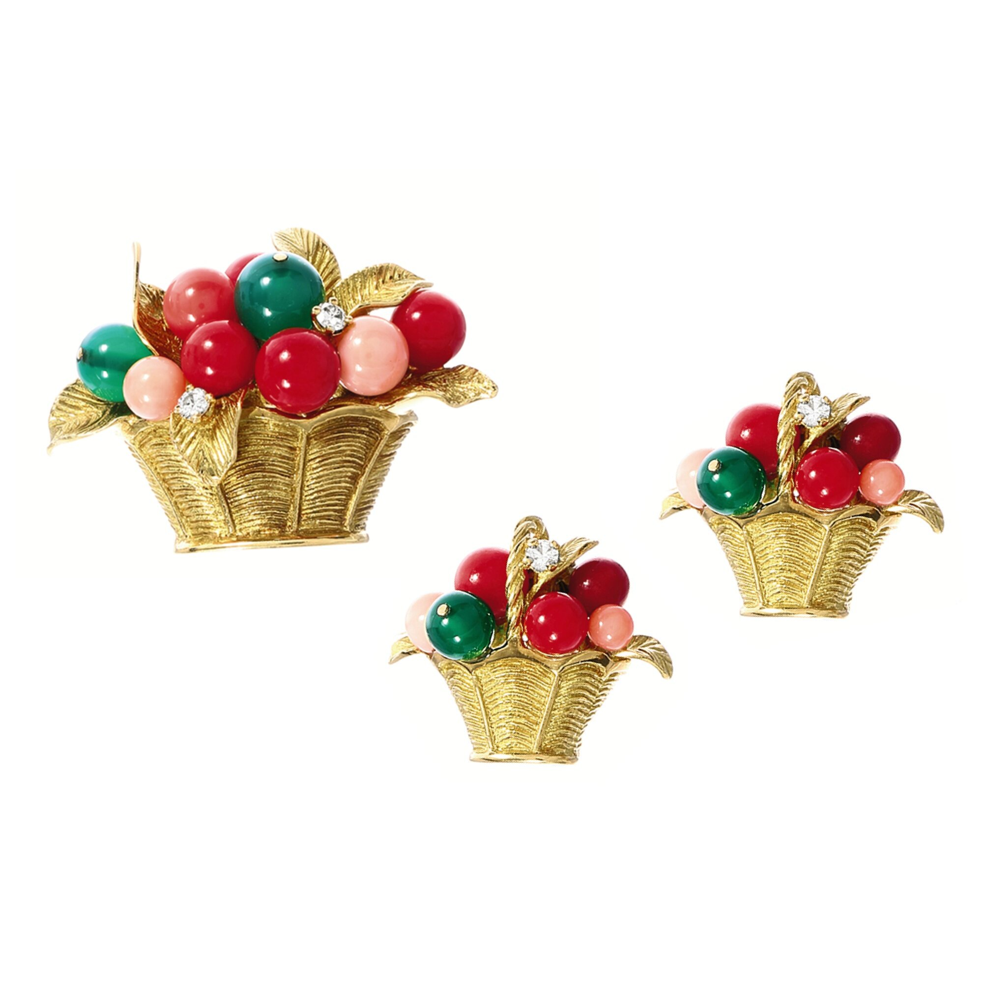 Coral and gem-set 'basket' brooch and pair of matching earrings, Van ...