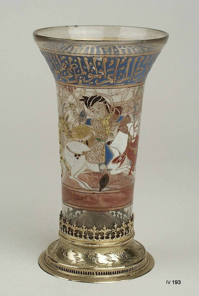 Glass mug with enamel painting (polo player on horseback), Glass and ...