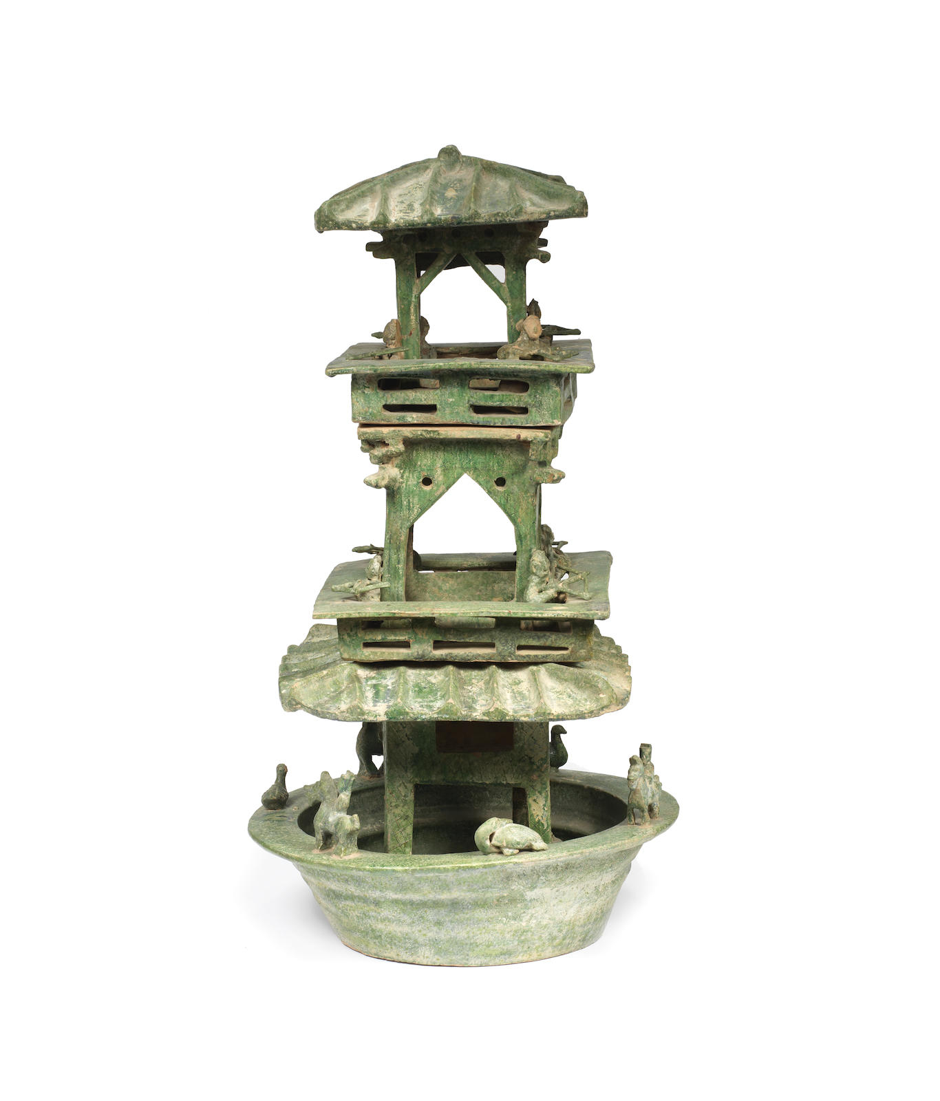 A large green-glazed pottery three-storey watchtower, Eastern Han ...