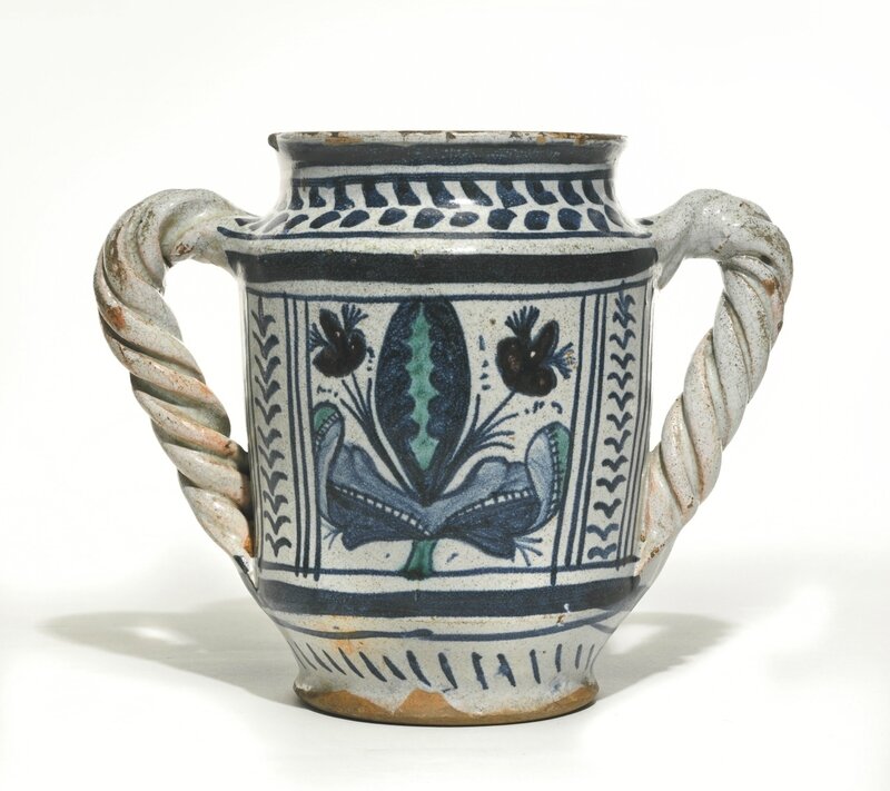 Italian, Faenza or perhaps Pesaro, circa 1500, Double handled albarello ...