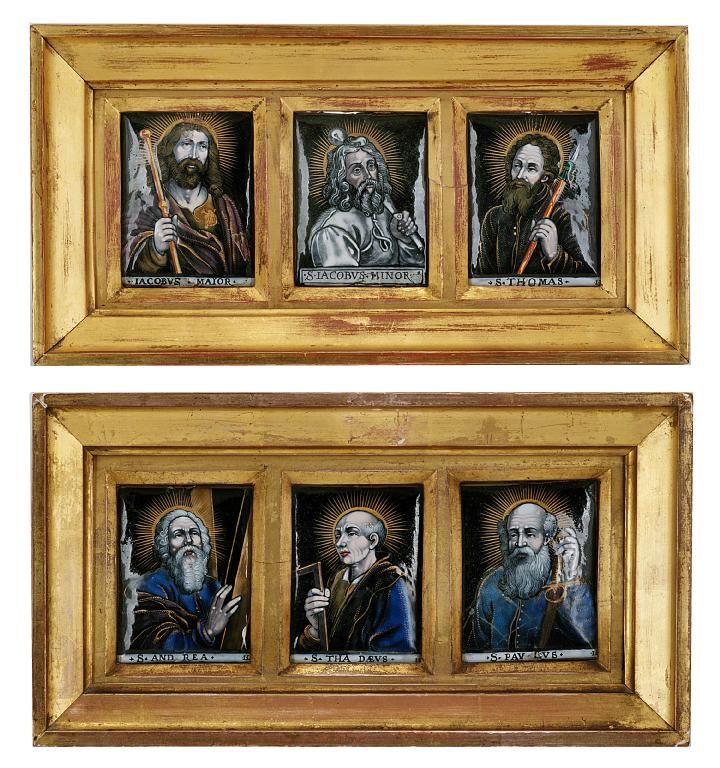 A set of five French enamel plaques of saints, Jacques Laudin II (circa 1663-1729), Limoges ...