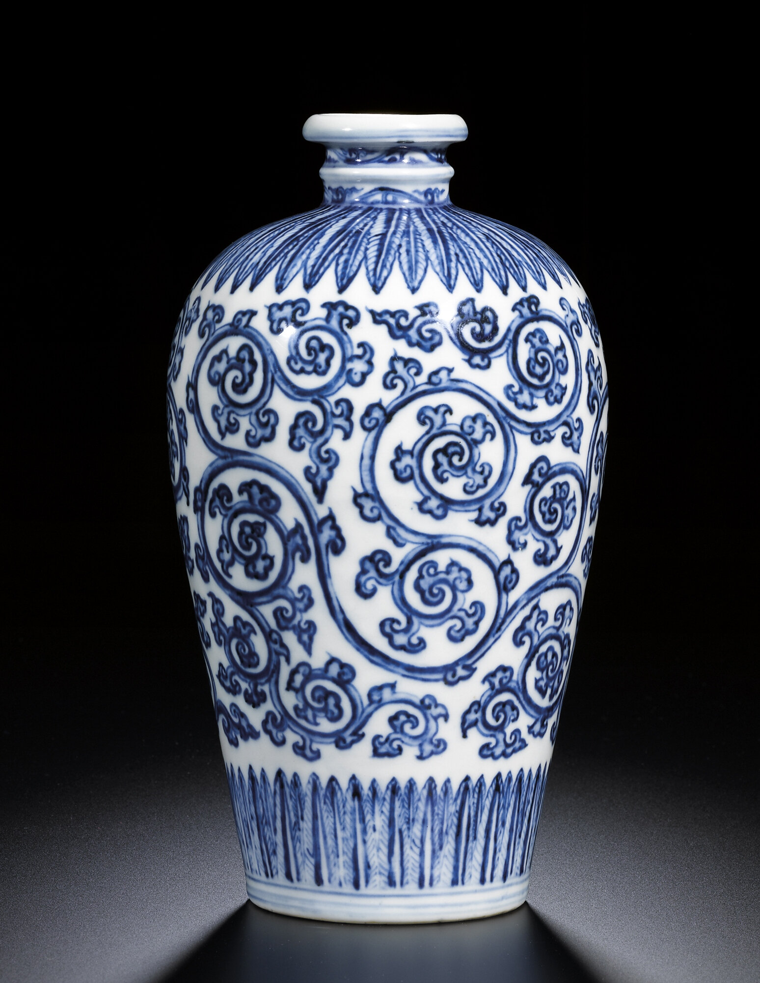 A fine and extremely rare blue and white 'foliate scroll' meiping, Ming ...