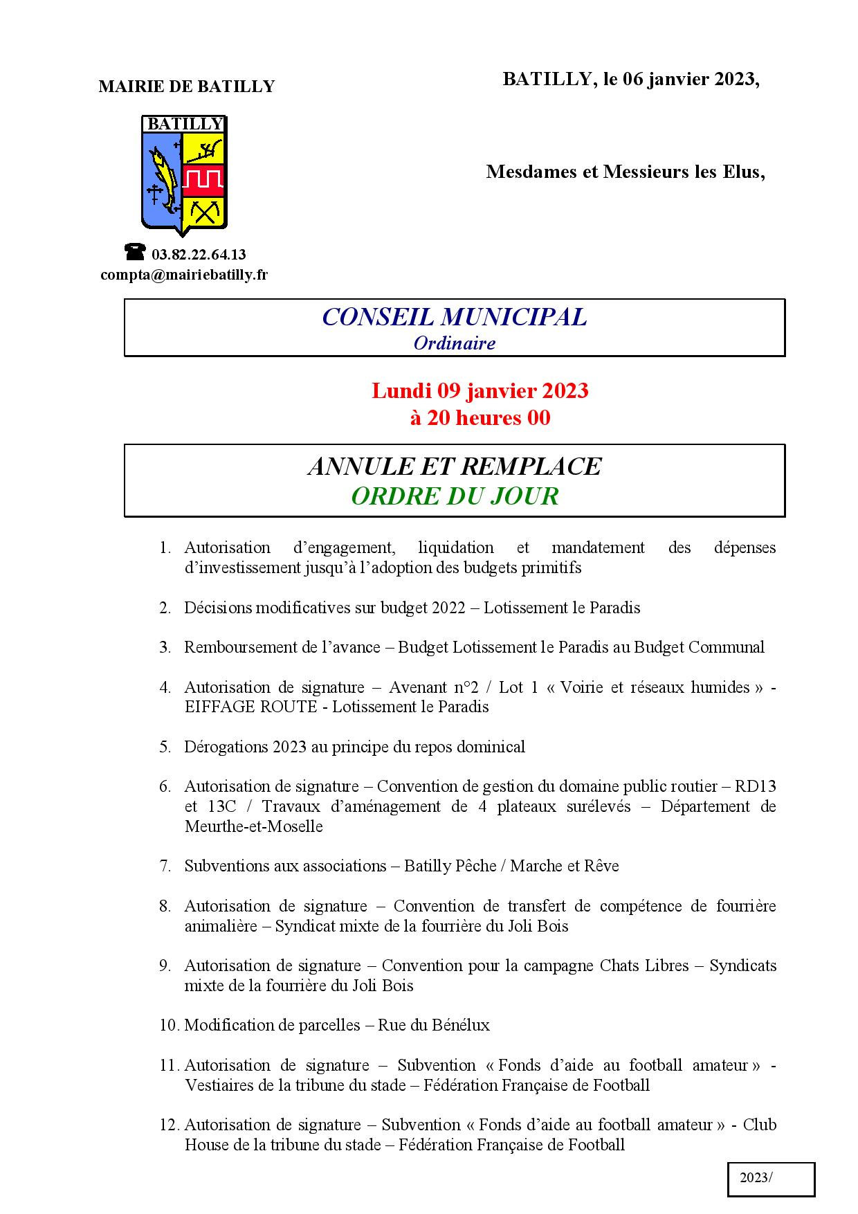 Ordre du jour Conseil Municipal du 9 janvier - Zoom Actualités Batilly