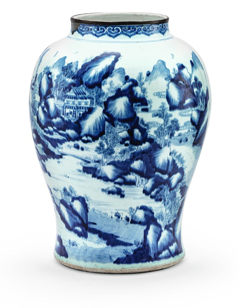 A rare large blue and white 'landscape' and inscribed jar, Qing Dynasty ...