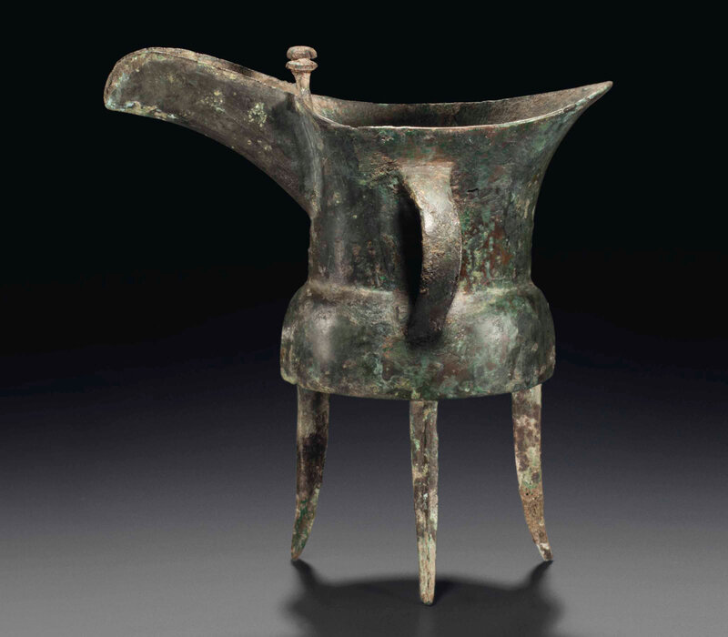 A small bronze ritual tripod wine vessel, jue, Early Shang dynasty ...